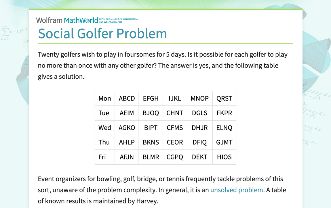 Social Golfer Problem -- from Wolfram MathWorld