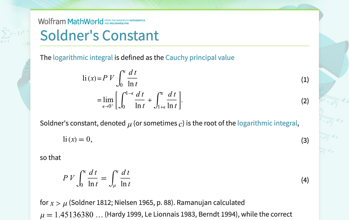 Soldner's Constant -- from Wolfram MathWorld