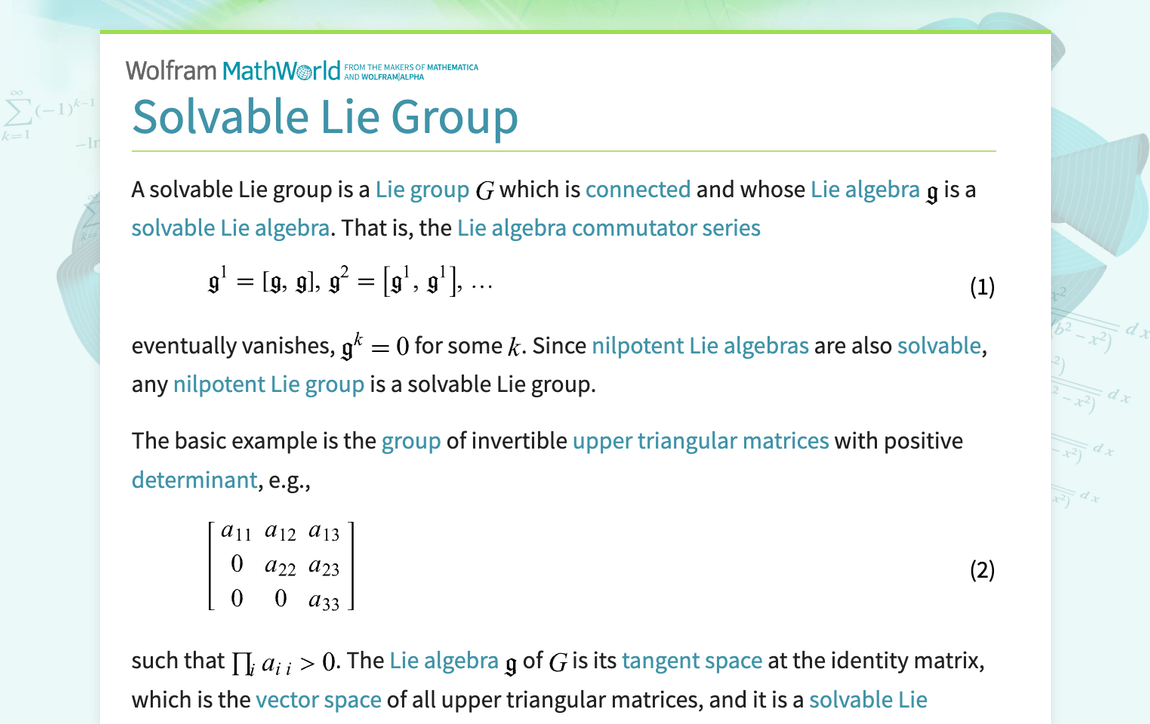Solvable Lie Group -- from Wolfram MathWorld