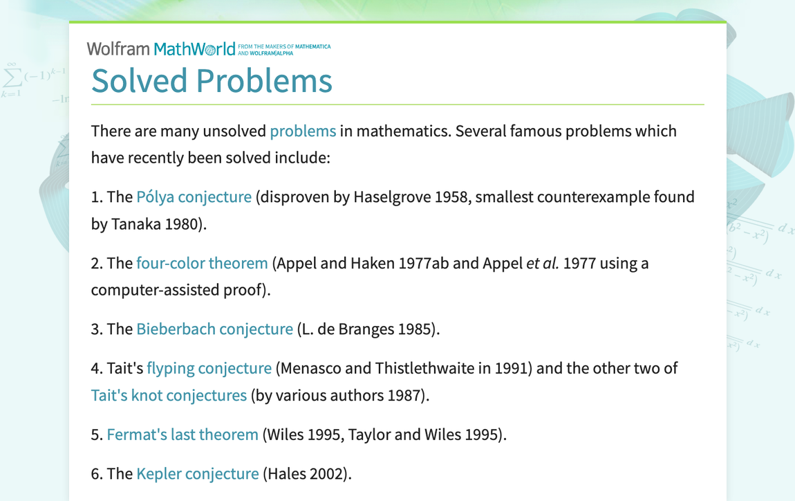 Solved Problems -- from Wolfram MathWorld