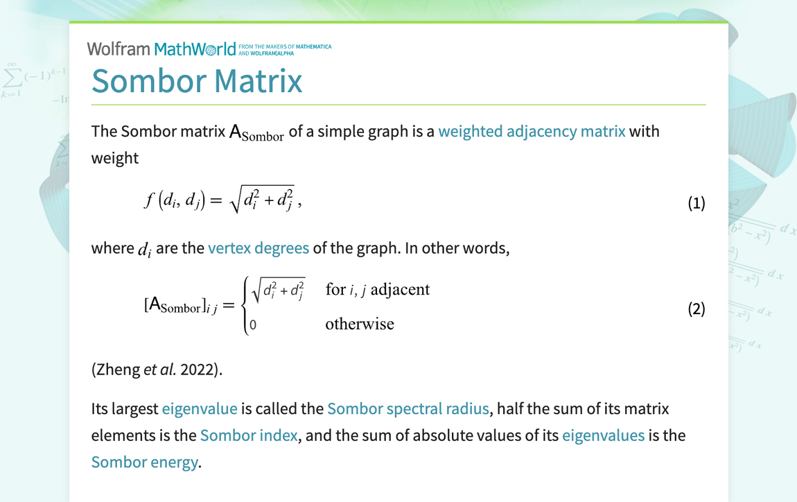 Sombor Matrix -- from Wolfram MathWorld
