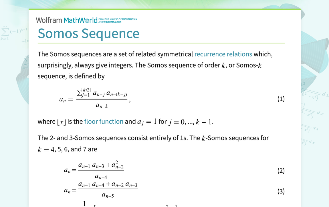 Somos Sequence -- from Wolfram MathWorld