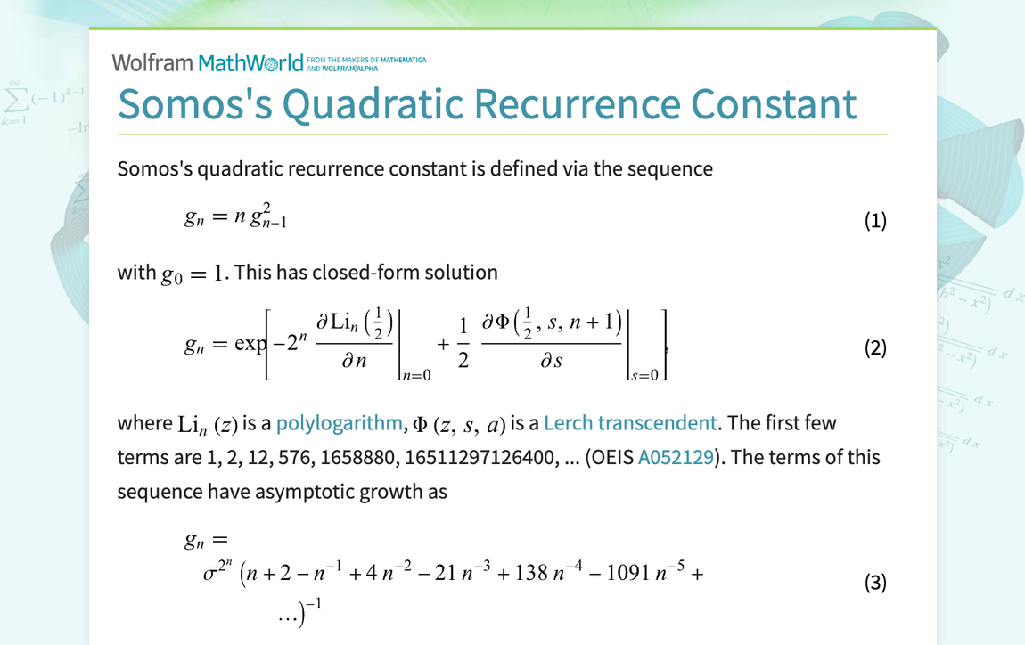 Somos's Quadratic Recurrence Constant -- from Wolfram MathWorld