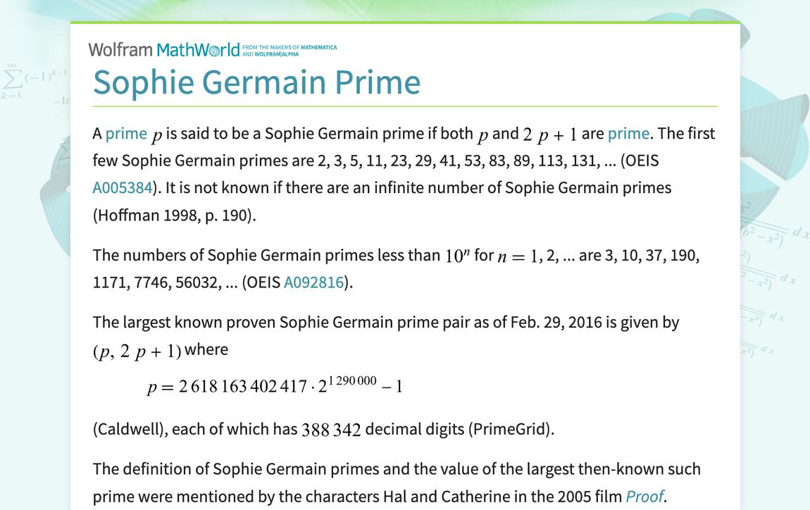 Sophie Germain Prime -- from Wolfram MathWorld