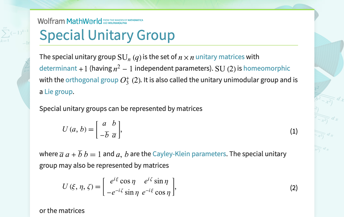 Special Unitary Group -- from Wolfram MathWorld