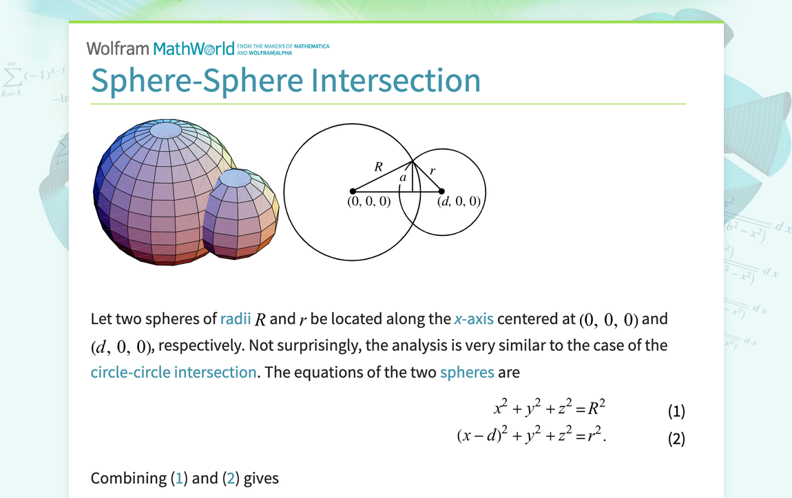Sphere-Sphere Intersection -- from Wolfram MathWorld