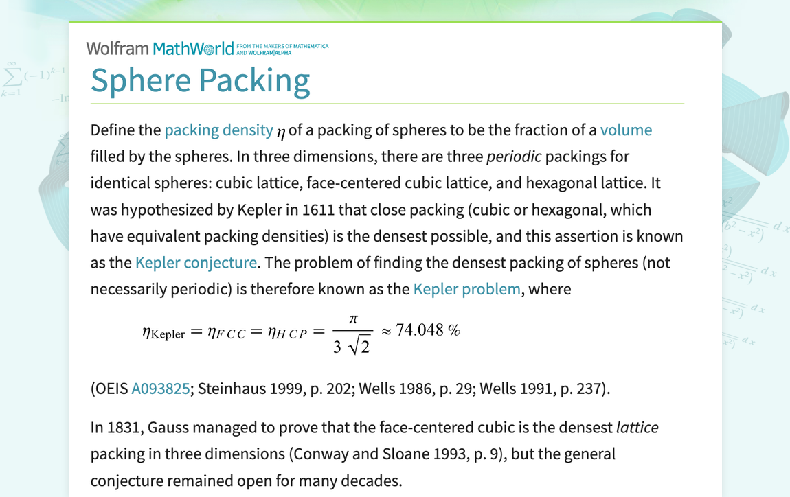 Sphere Packing -- from Wolfram MathWorld