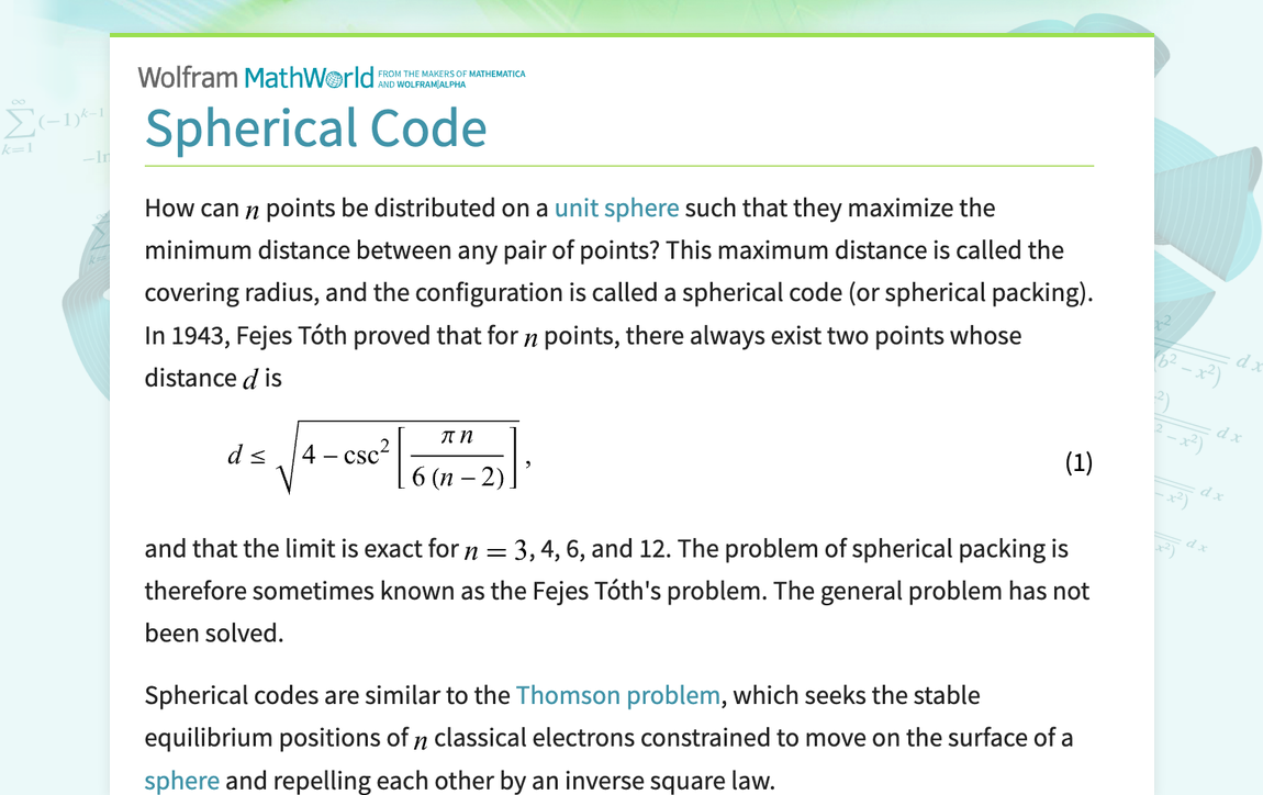 Spherical Code -- from Wolfram MathWorld