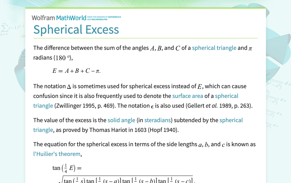 Spherical Excess -- from Wolfram MathWorld