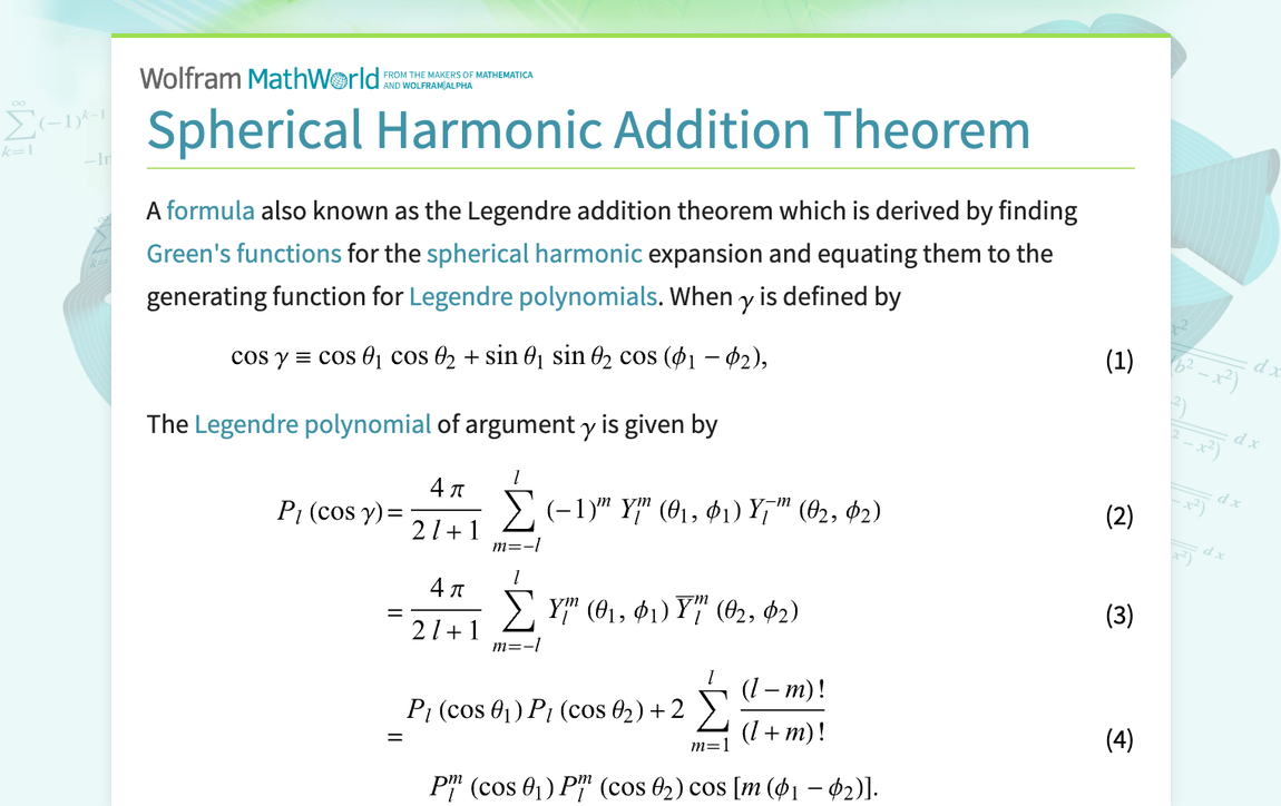 Spherical Harmonic Addition Theorem -- from Wolfram MathWorld