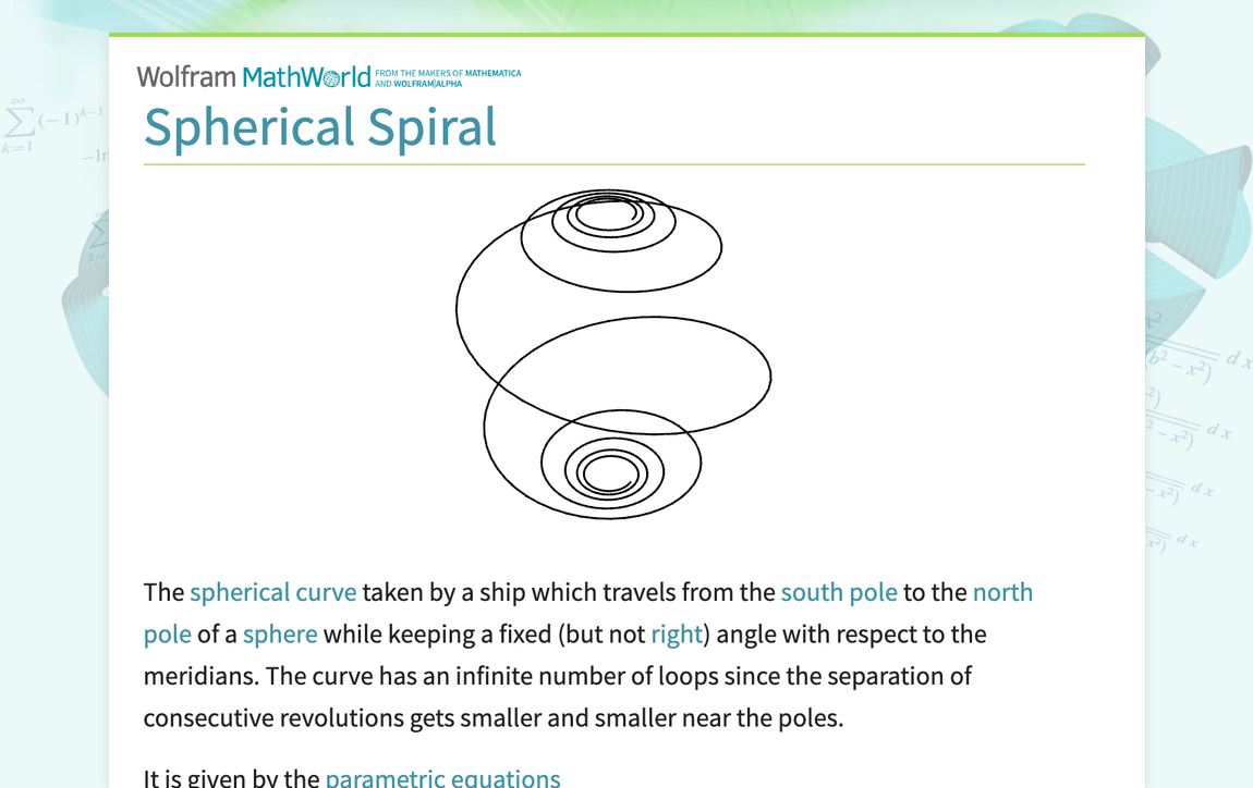 Spherical Spiral -- from Wolfram MathWorld