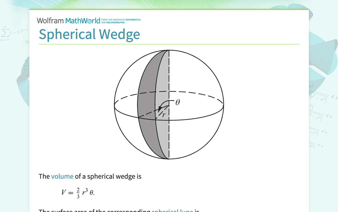 Spherical Wedge Volume and Area Calculator and Equation