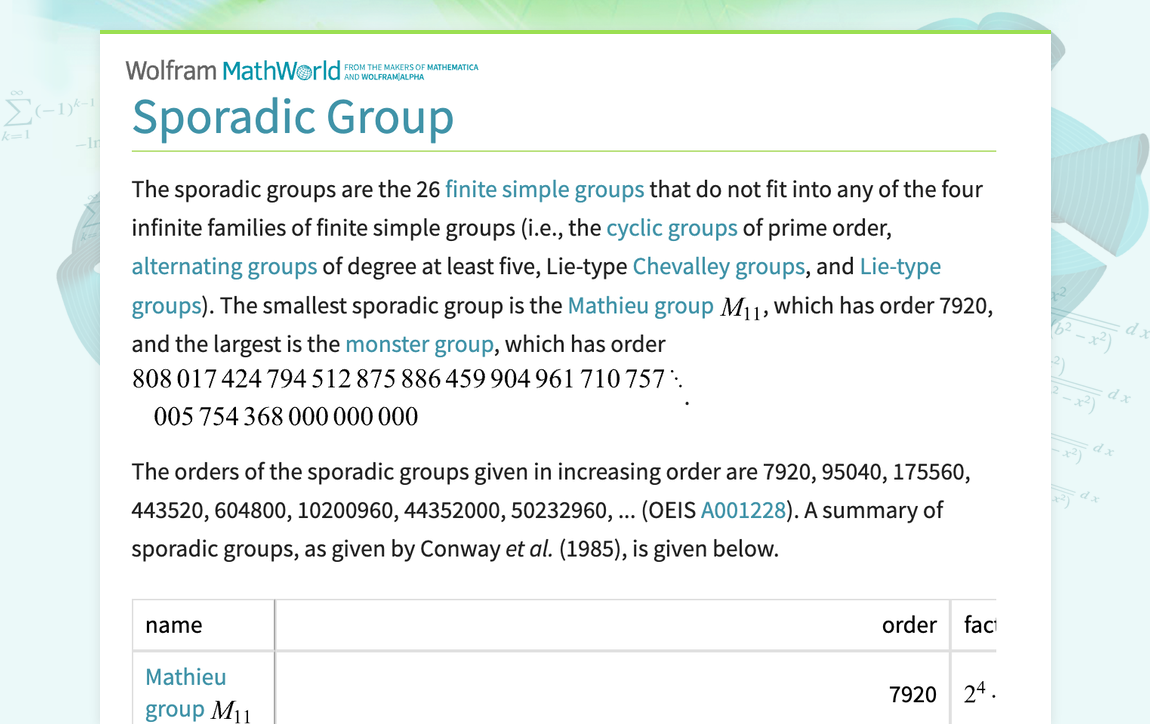 Sporadic Group -- from Wolfram MathWorld