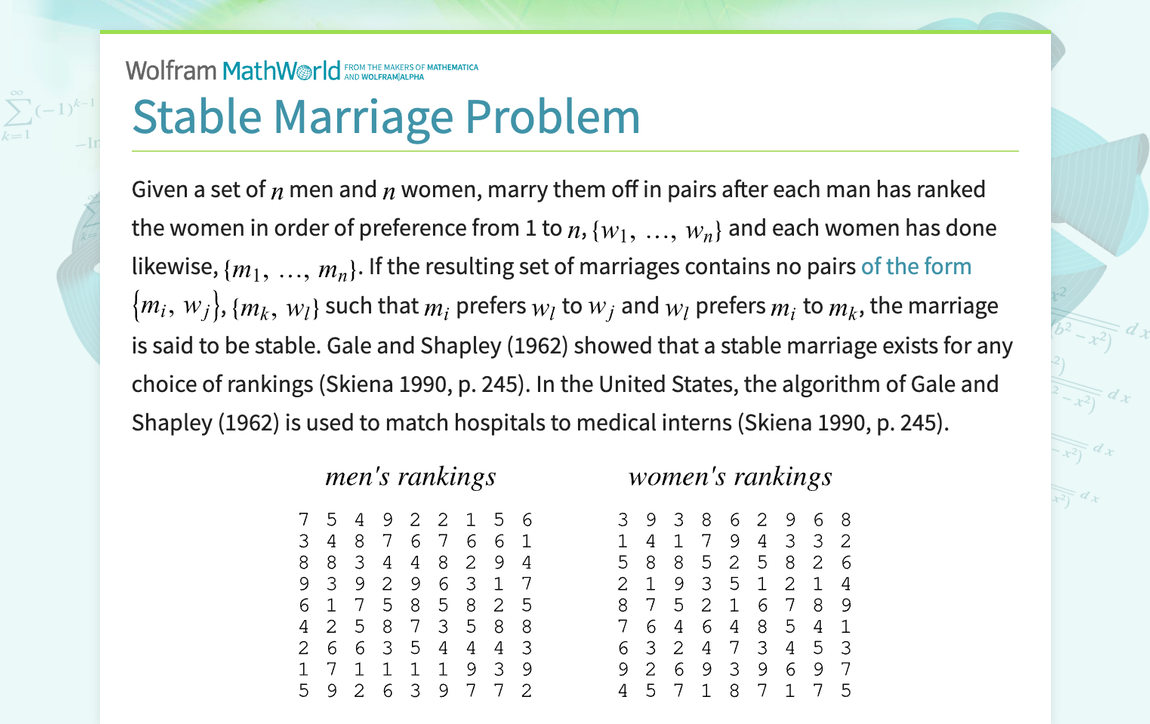 Stable Marriage Problem -- from Wolfram MathWorld