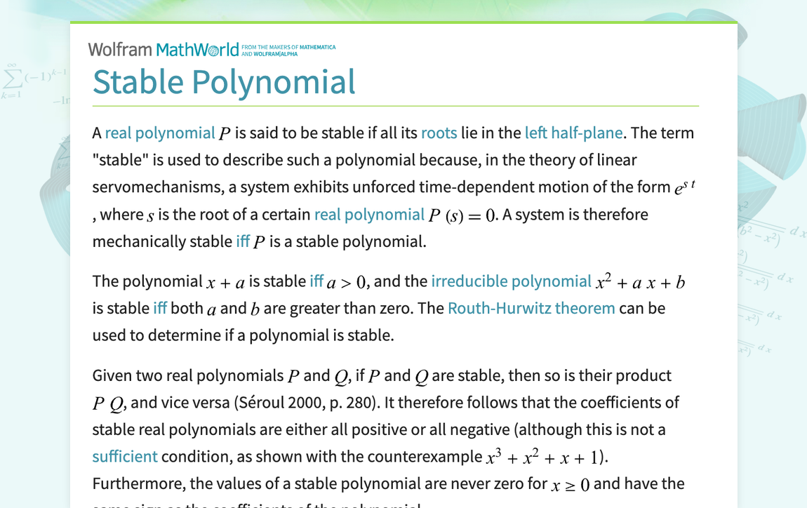 Stable Polynomial -- from Wolfram MathWorld