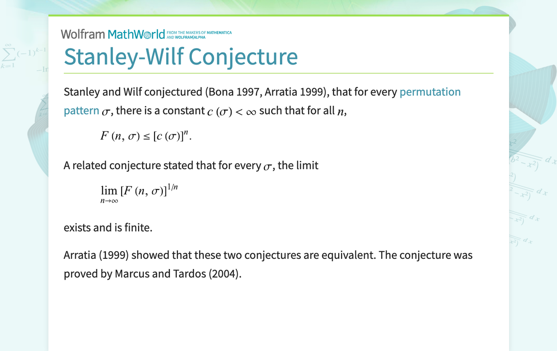 Stanley-Wilf Conjecture -- from Wolfram MathWorld