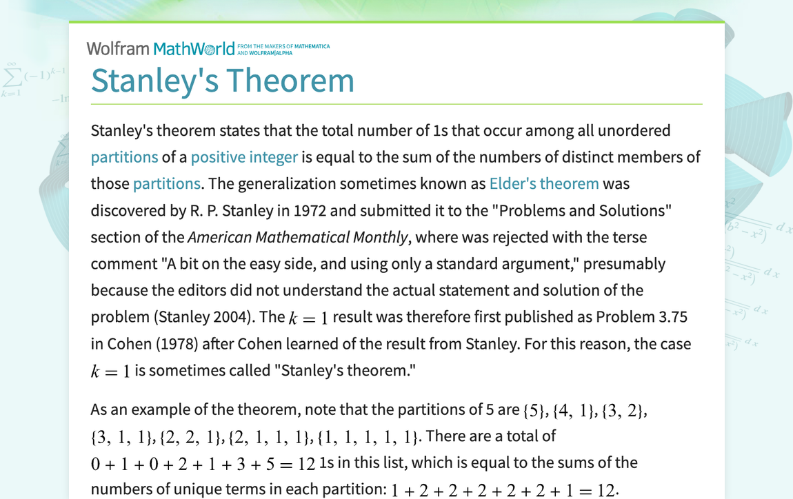 Stanley's Theorem -- from Wolfram MathWorld