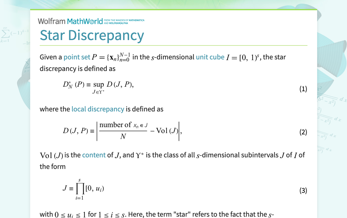 Star Discrepancy -- from Wolfram MathWorld