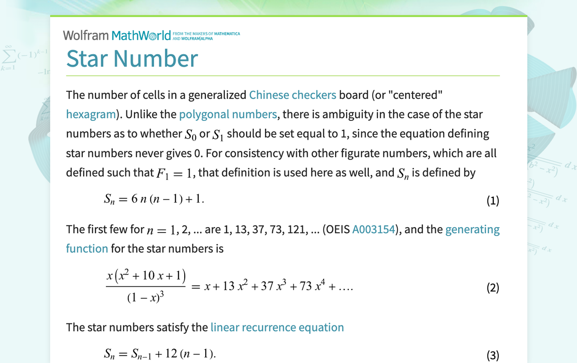 Star Number -- from Wolfram MathWorld