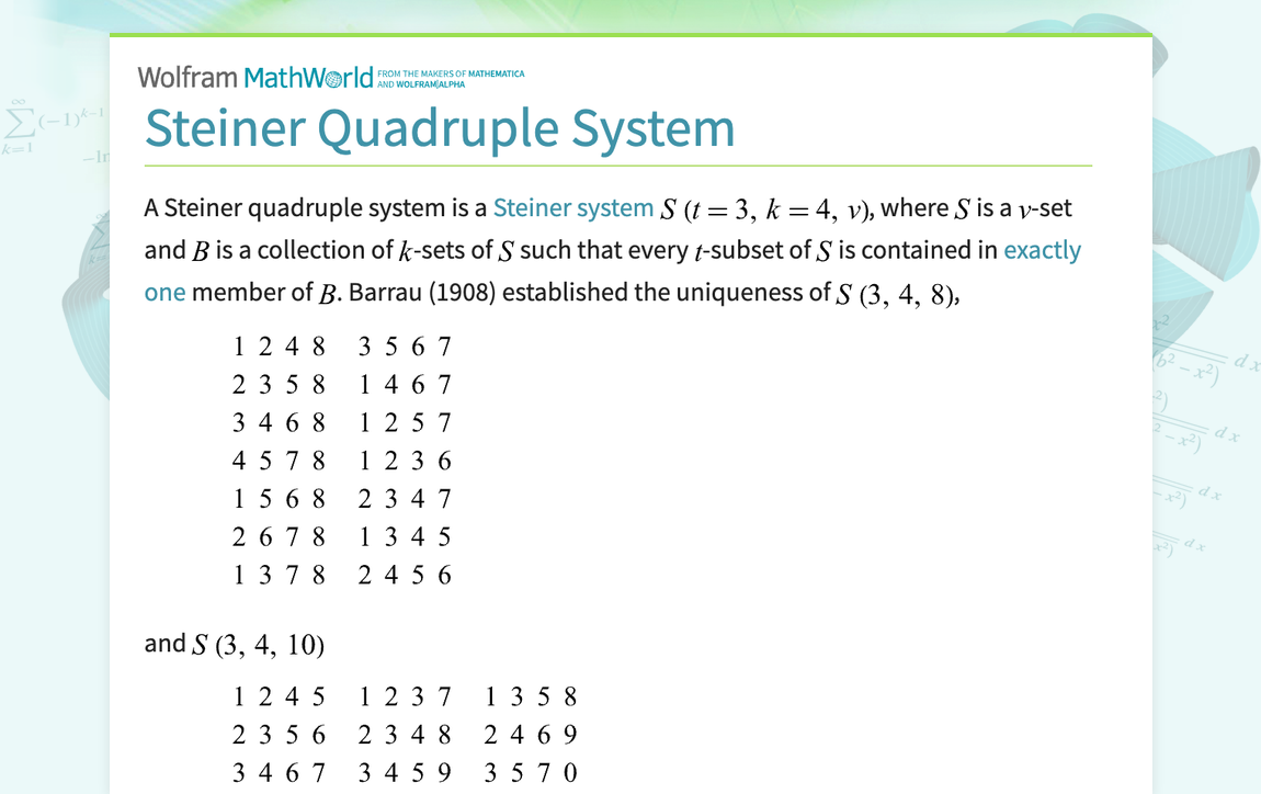 Steiner Quadruple System -- from Wolfram MathWorld