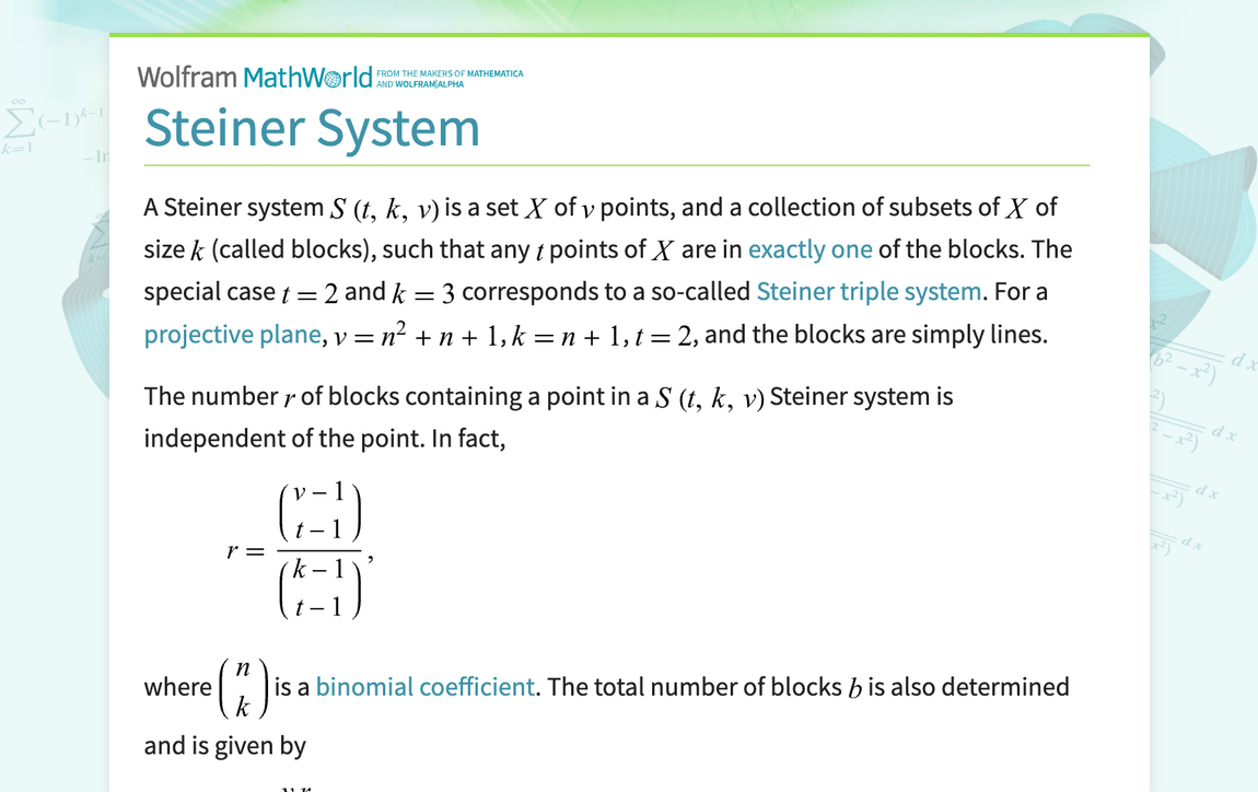 Steiner System -- from Wolfram MathWorld