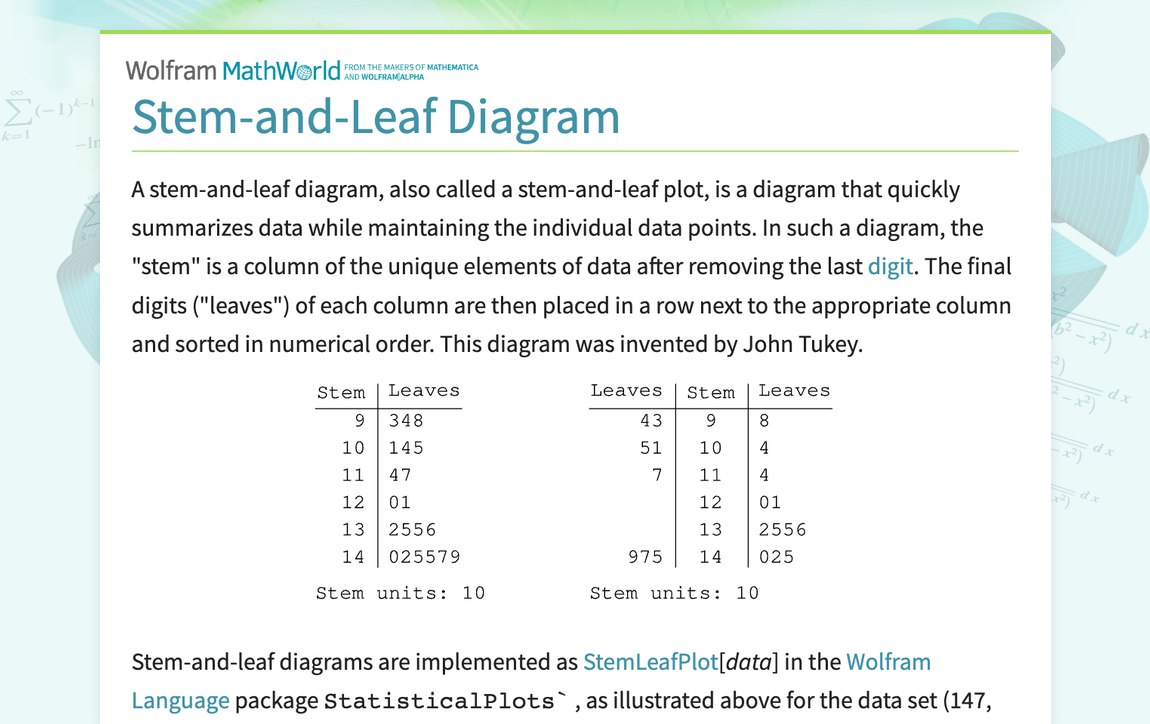 Stem-and-Leaf Diagram -- from Wolfram MathWorld