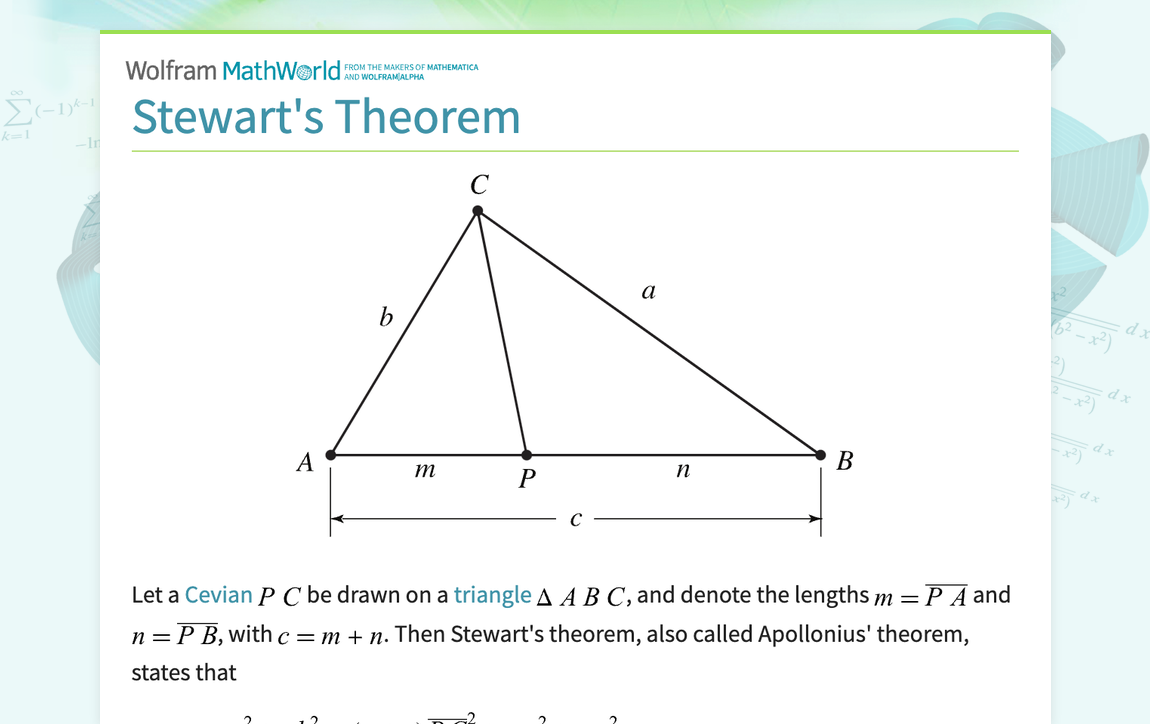Stewart's Theorem -- from Wolfram MathWorld