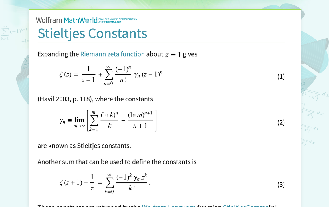 Stieltjes Constants -- from Wolfram MathWorld