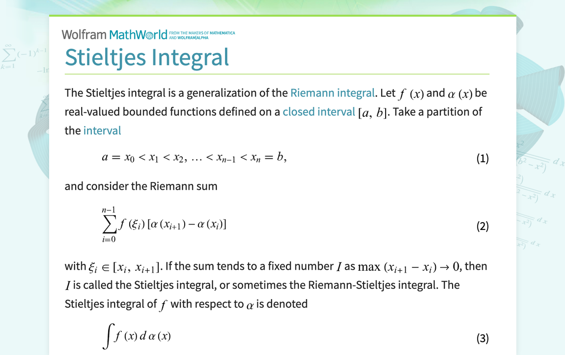 Stieltjes Integral -- from Wolfram MathWorld