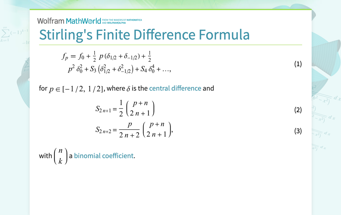 Stirling's Finite Difference Formula -- from Wolfram MathWorld