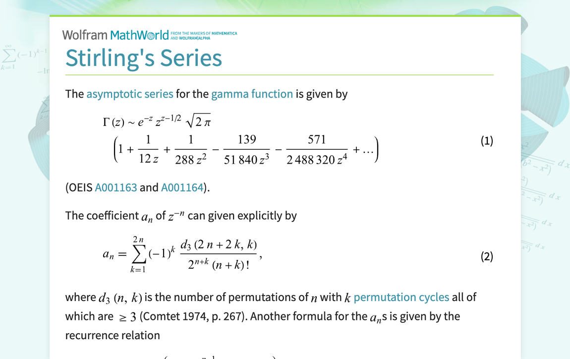 Stirling's Series -- from Wolfram MathWorld