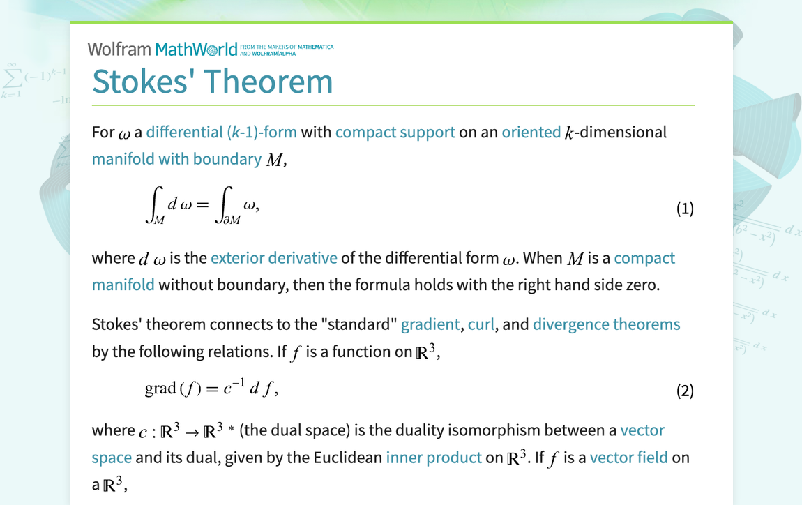 Stokes' Theorem -- from Wolfram MathWorld
