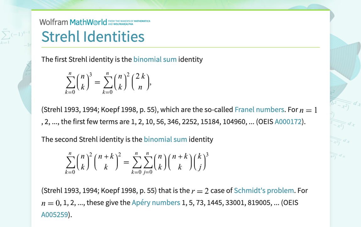 Strehl Identities -- from Wolfram MathWorld