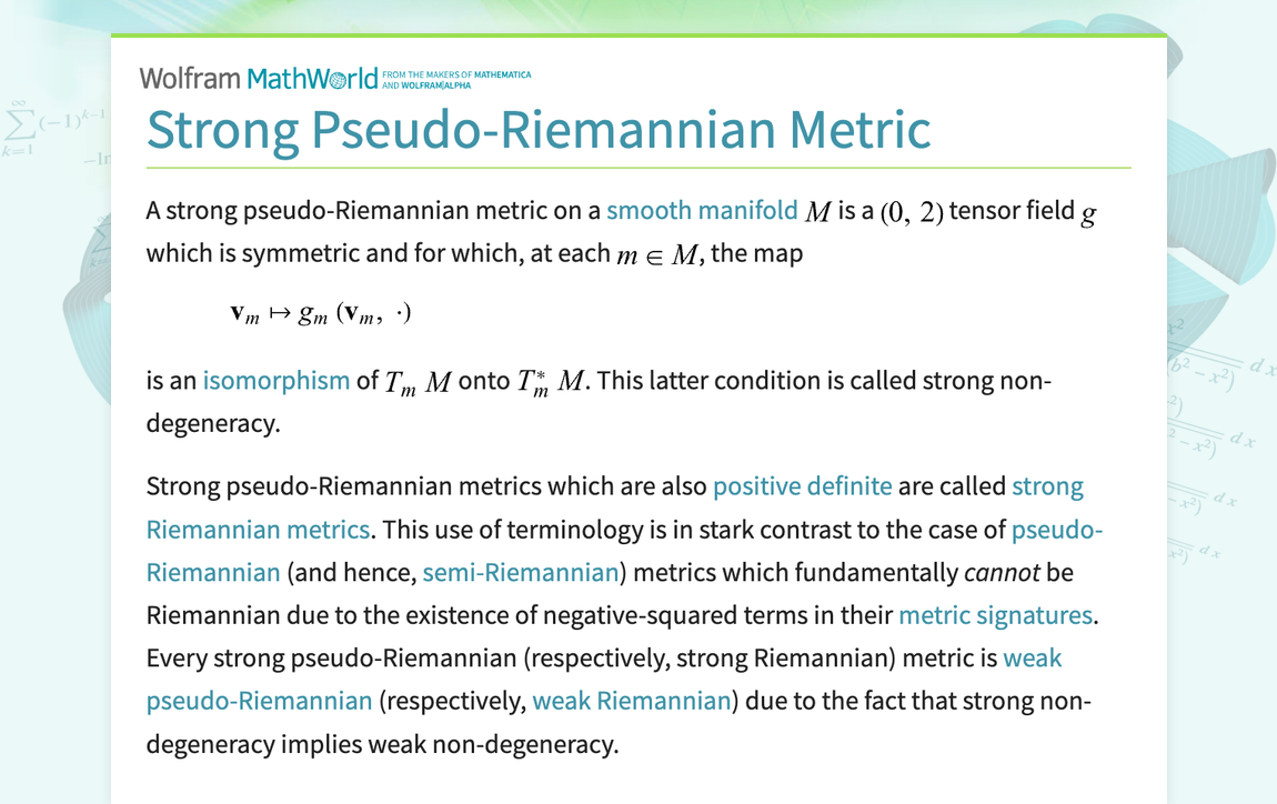 Strong Pseudo-Riemannian Metric -- from Wolfram MathWorld