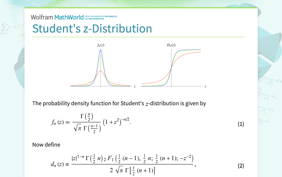 Student's z-Distribution -- from Wolfram MathWorld