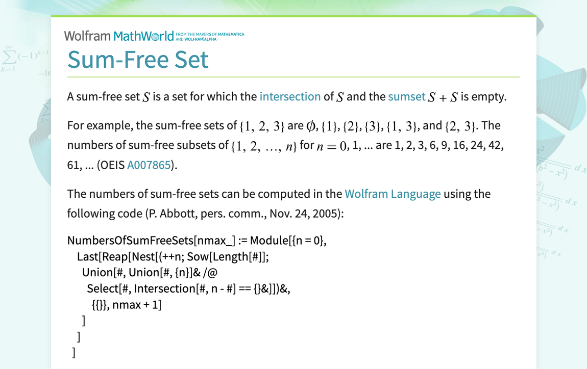 Sum-Free Set -- from Wolfram MathWorld