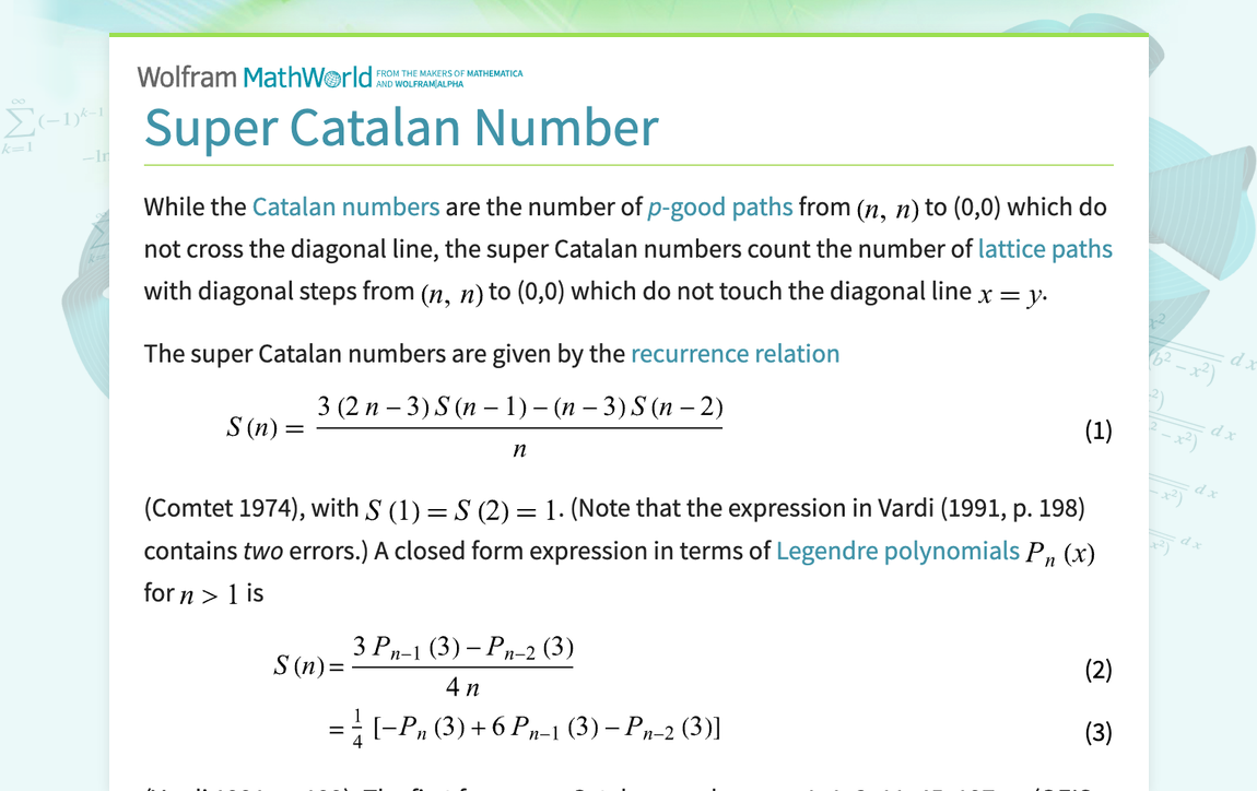 Super Catalan Number -- from Wolfram MathWorld