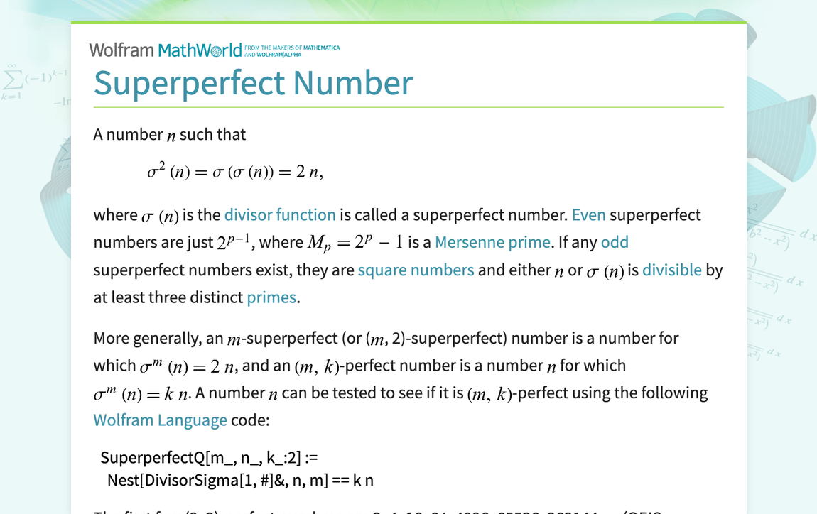 Superperfect Number -- from Wolfram MathWorld