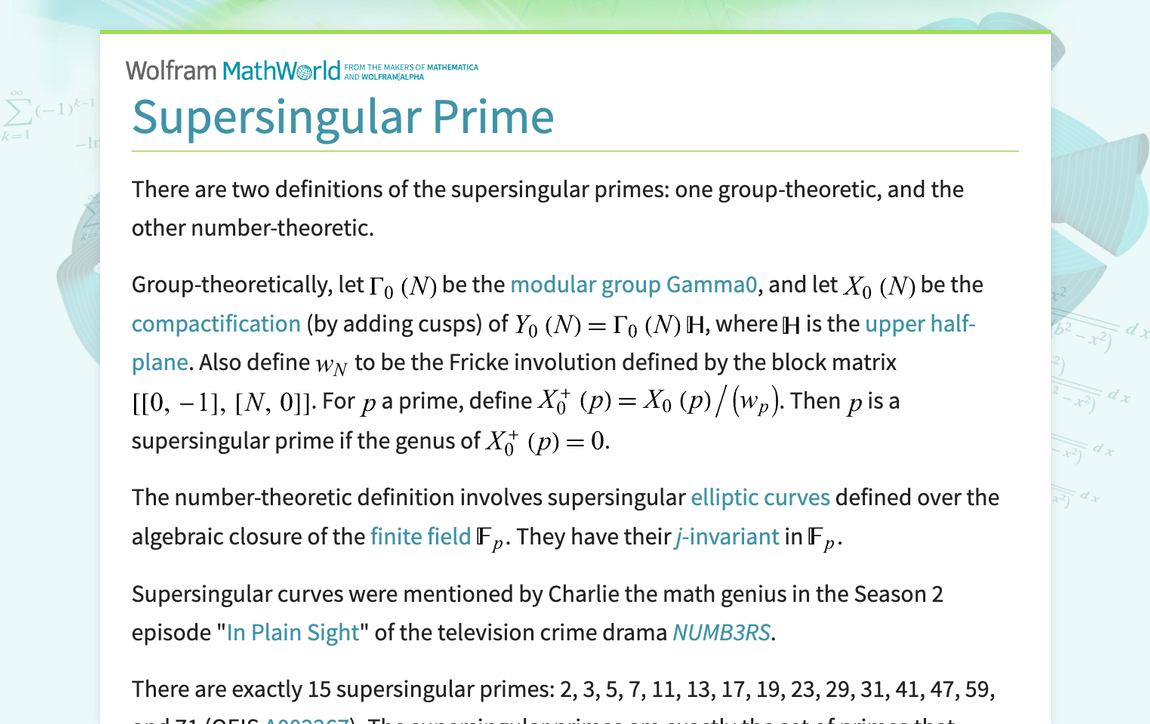Supersingular Prime -- from Wolfram MathWorld