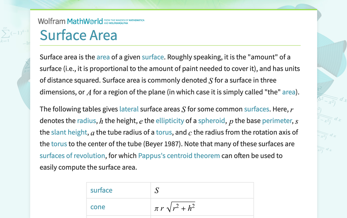 Surface Area -- from Wolfram MathWorld