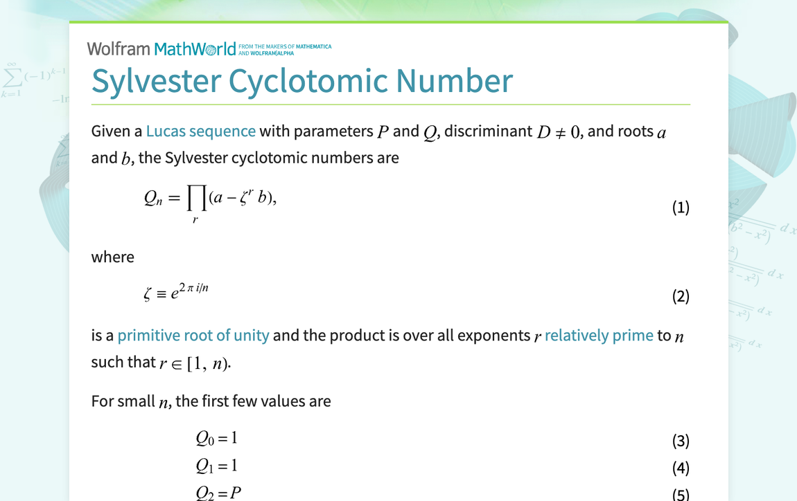 Sylvester Cyclotomic Number -- from Wolfram MathWorld