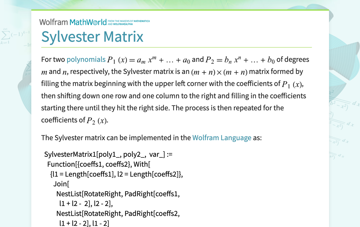 Sylvester Matrix From Wolfram Mathworld