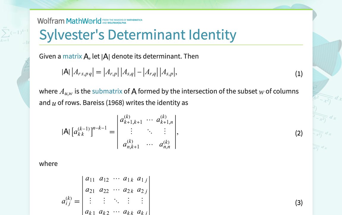 Sylvesters Determinant Identity From Wolfram Mathworld
