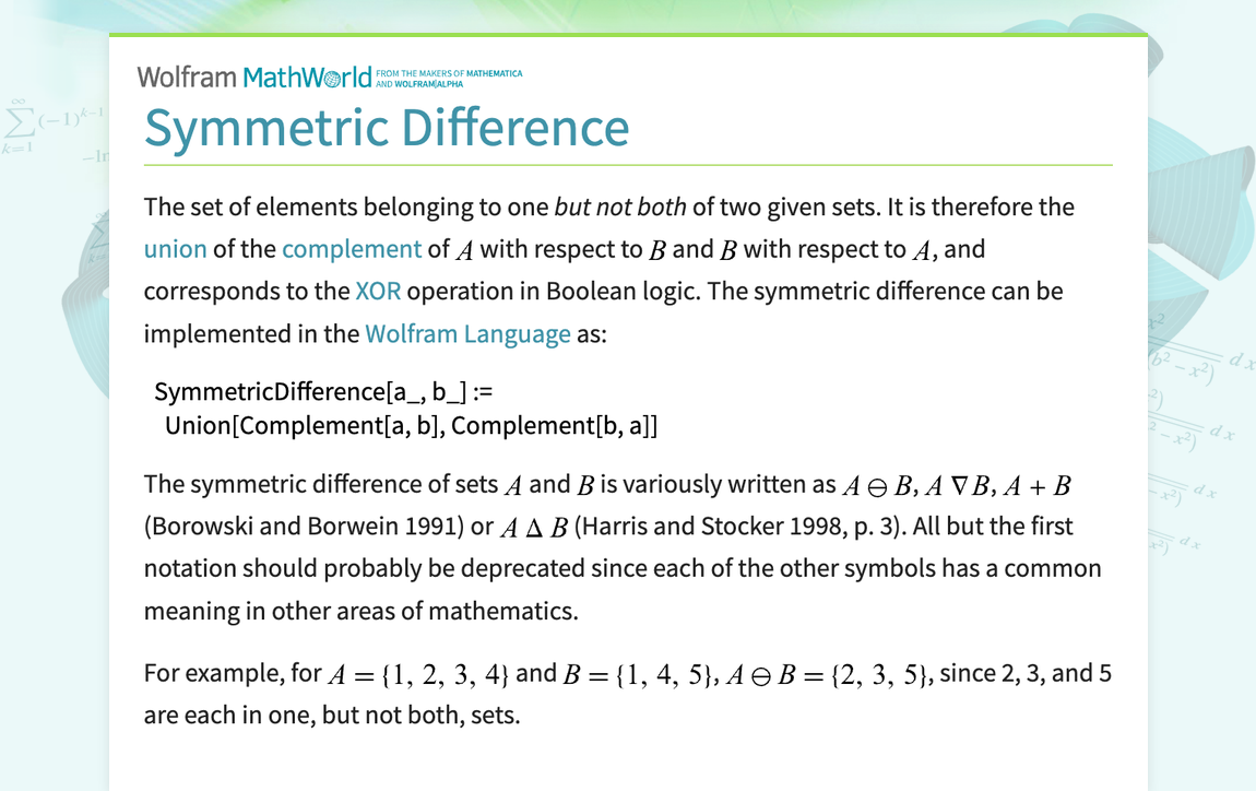 Symmetric Difference -- from Wolfram MathWorld