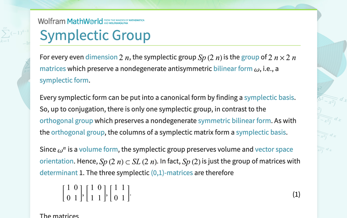 Symplectic Group -- from Wolfram MathWorld