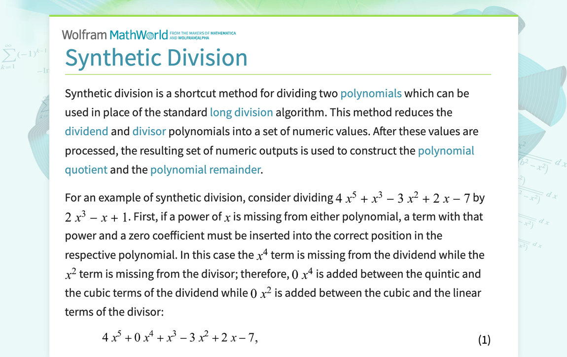 Synthetic Division -- from Wolfram MathWorld