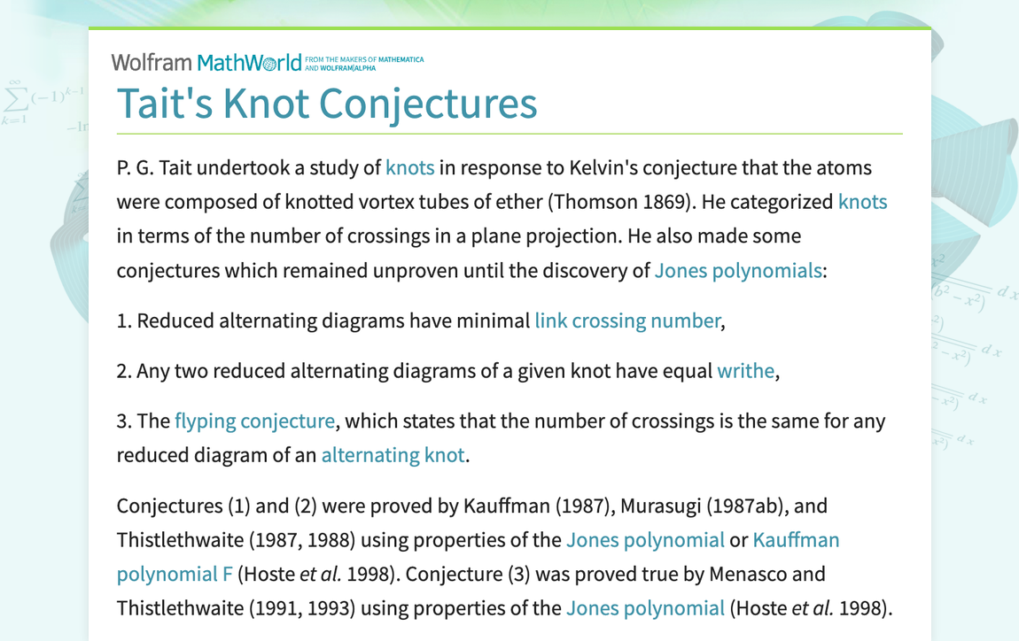 Tait's Knot Conjectures -- from Wolfram MathWorld