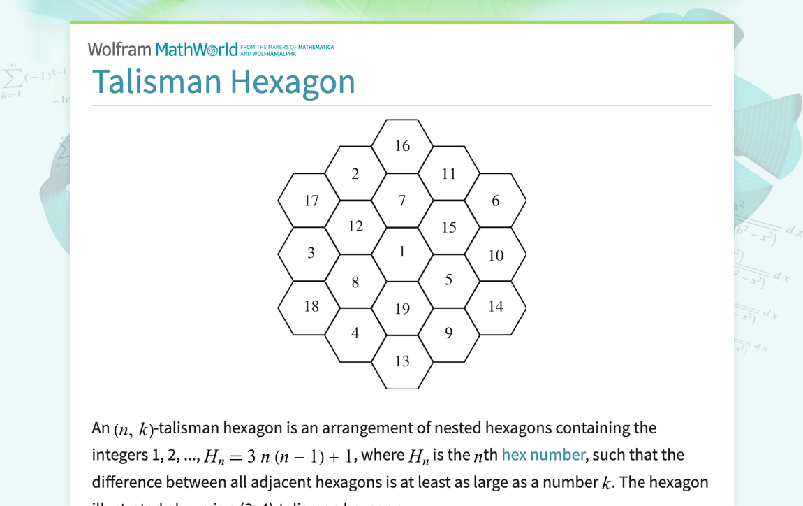 Talisman Hexagon -- from Wolfram MathWorld