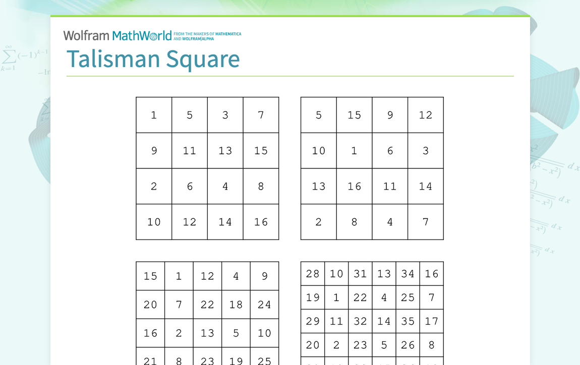 Talisman Square -- from Wolfram MathWorld