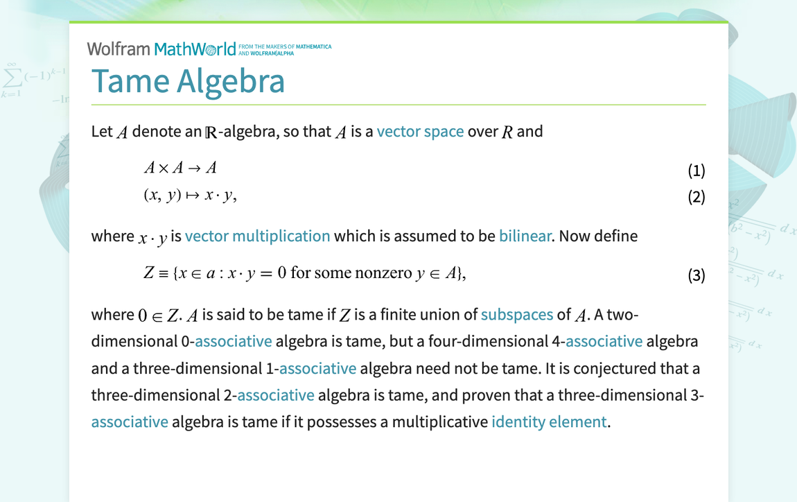 Tame Algebra -- from Wolfram MathWorld